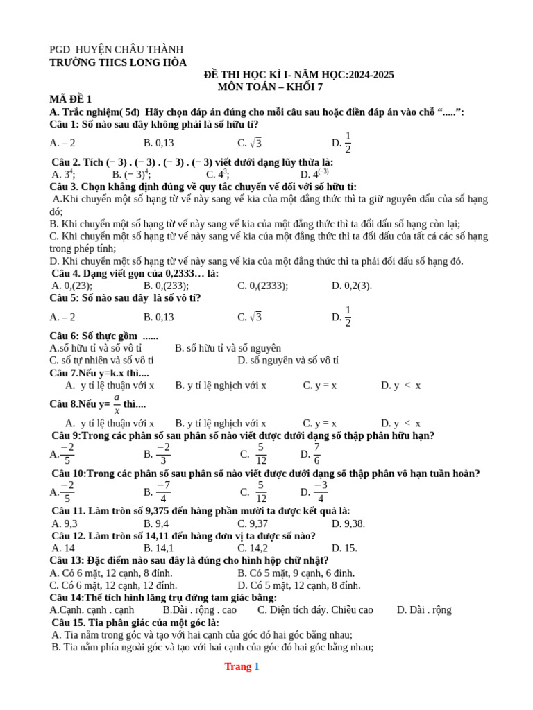 Bo de Kiem Tra Cuoi HK1 Toan 7 Canh Dieu 24 25 | PDF