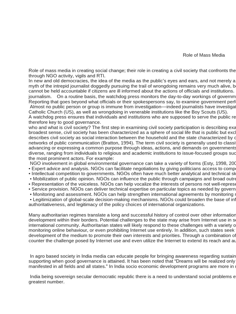 Role of Mass Media Notes | PDF | Non Governmental Organization | Governance