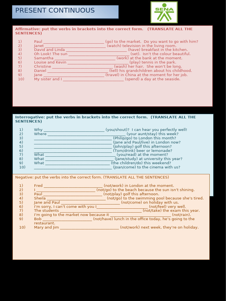 Present Continuos (Progressive) First Workshop | PDF | Syntax | Linguistic Morphology