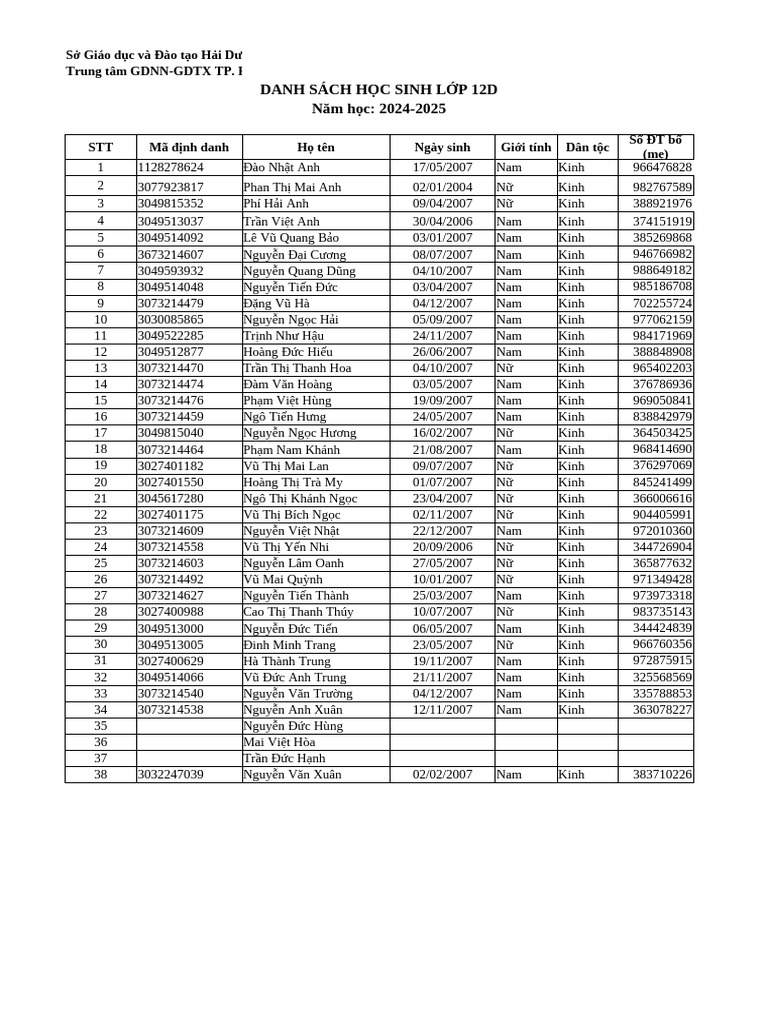 Danh Sach Hoc Sinh 11D | PDF