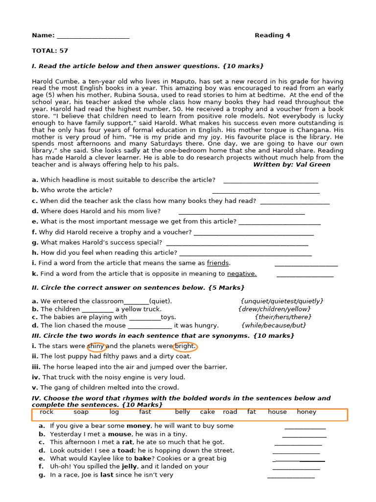 Final Exam End of Year Reading 4 | PDF