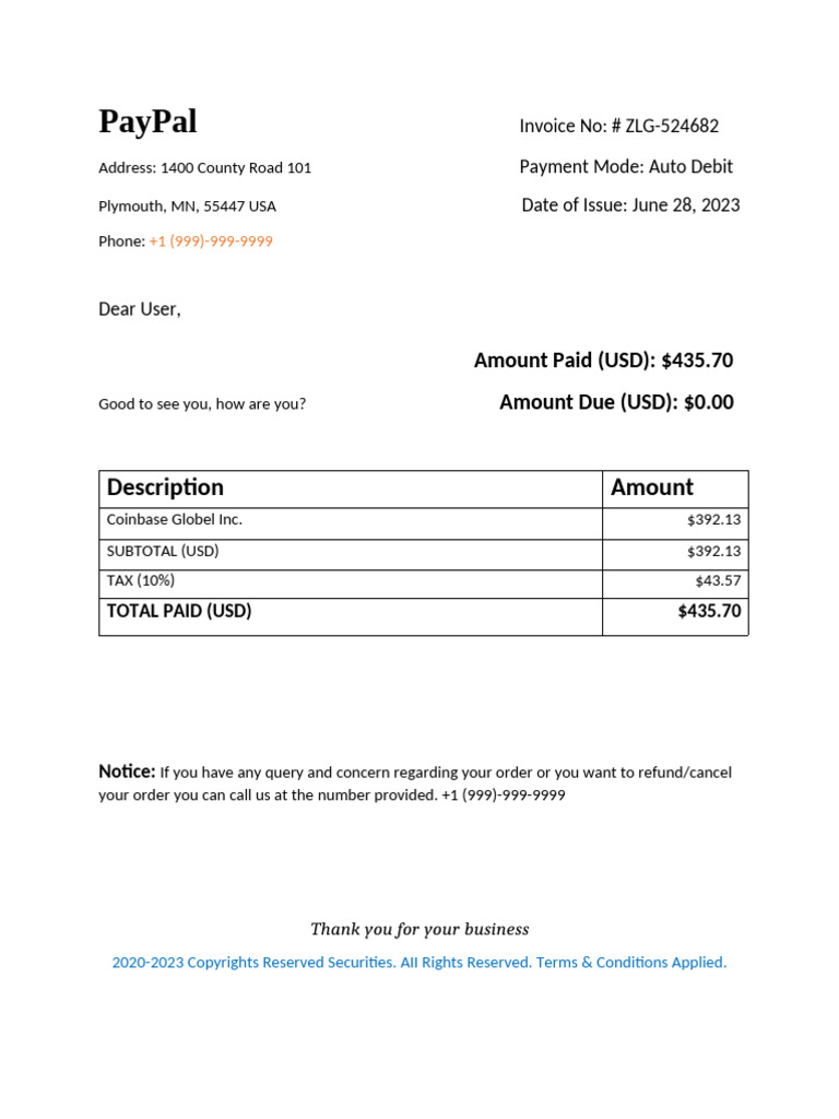 PayPal Invoice for Coinbase Payment | PDF