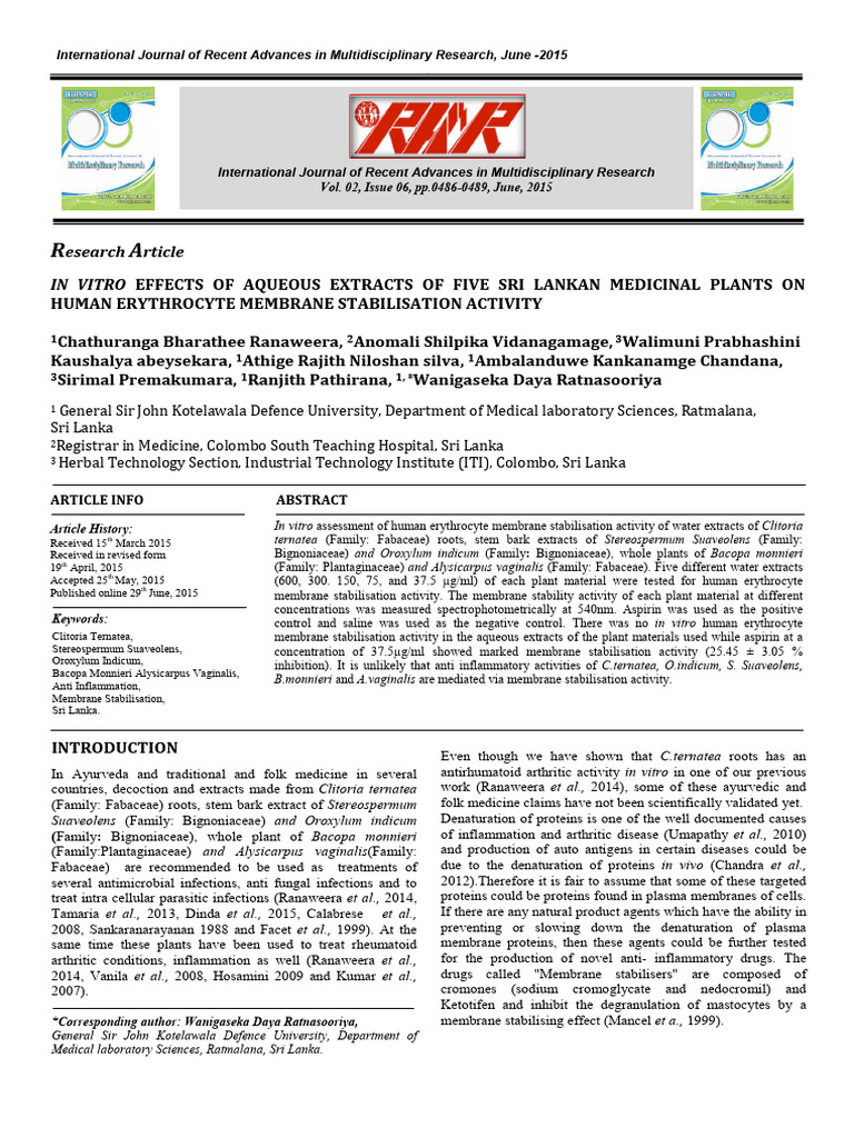 2015 - IN VITRO EFFECTS OF AQUEOUS EXTRACTS OF FIVE SRI LANKAN MEDICINAL PLANTS ON KDU Joint ...