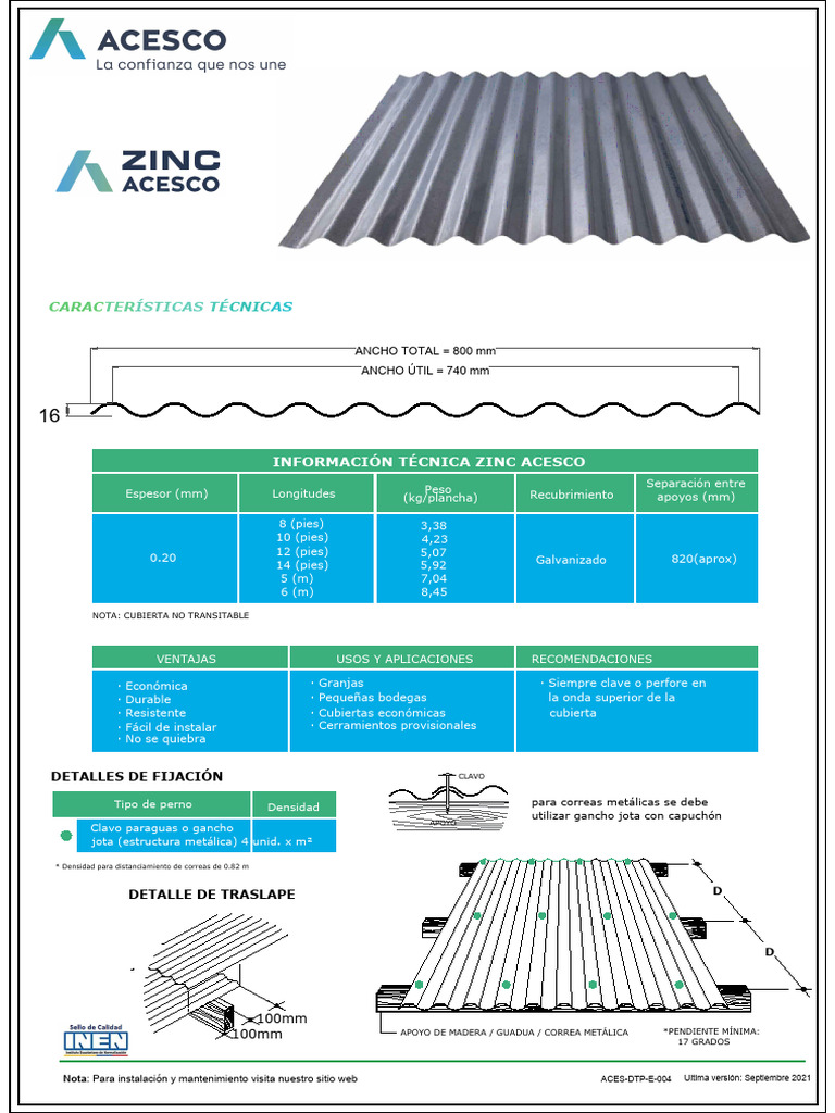 Cubiertas de Zinc Acesco: Información Técnica | PDF | Materiales | Rieles