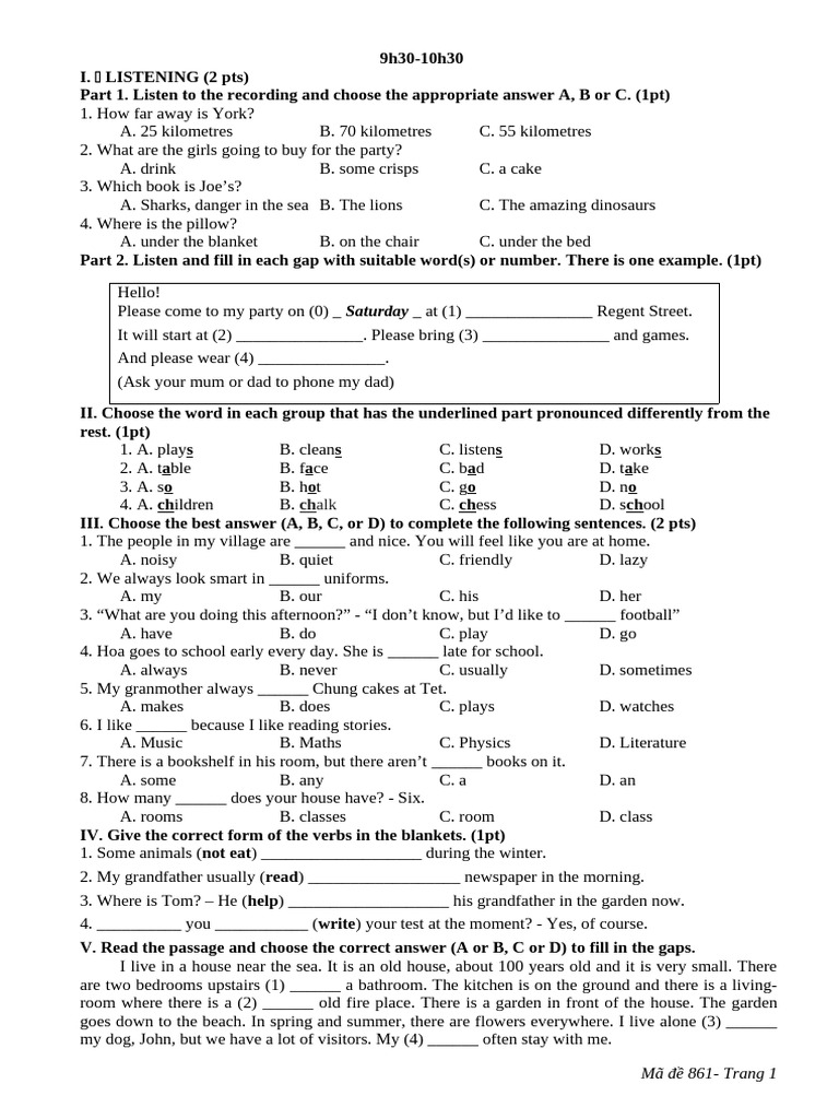 MĐ 861 - TiengAnh 6 HKI 2021-2022 | PDF