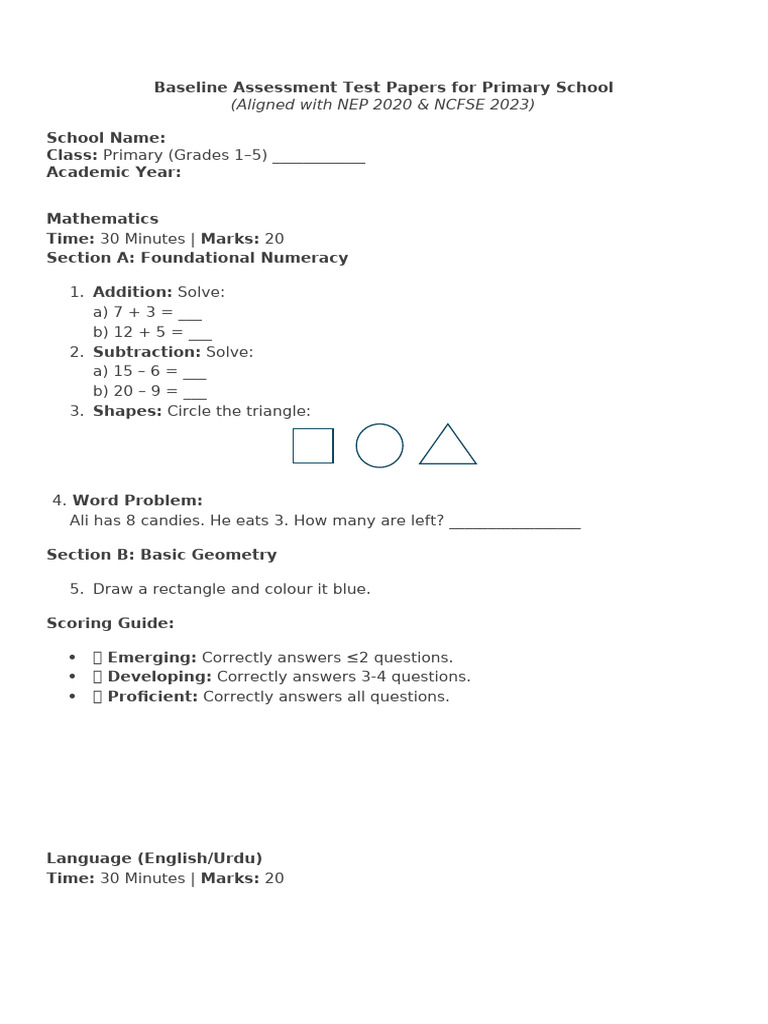 Baseline Assessment Test Papers For Primary School | PDF | Cognition ...