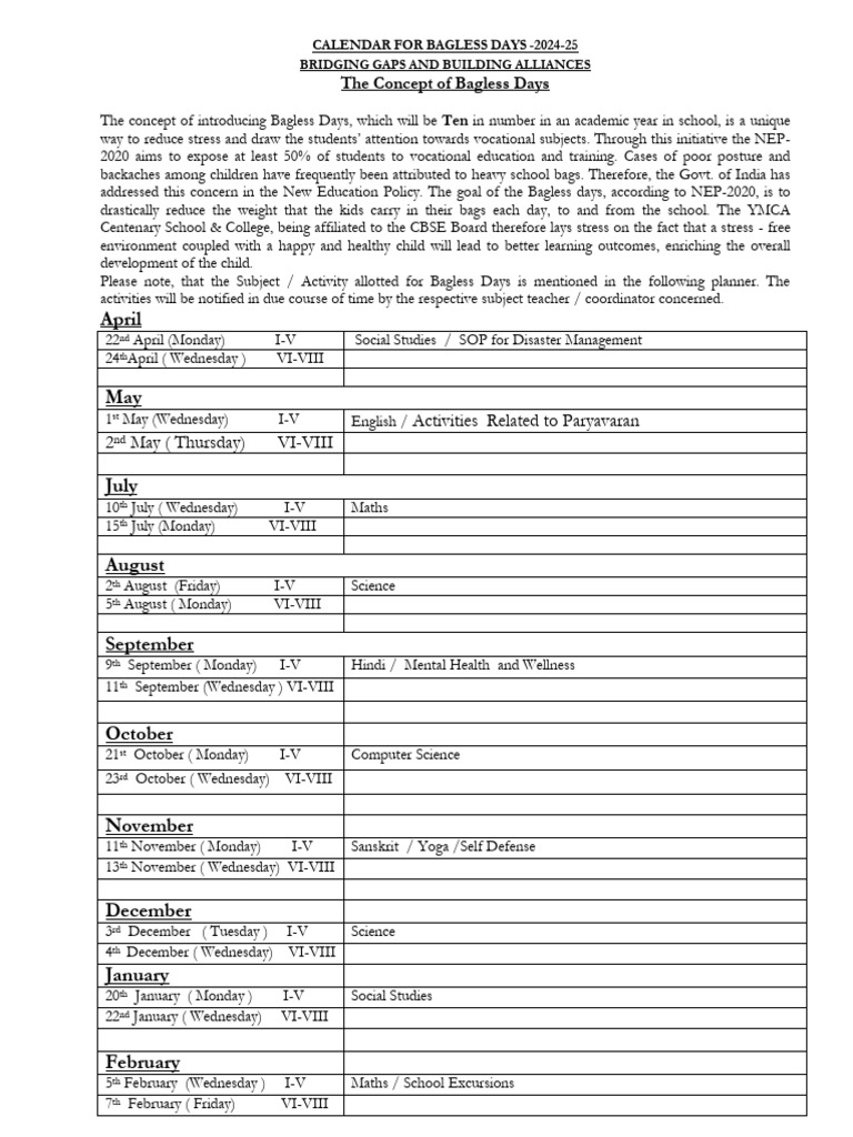 Bagless Days Calendar 2024-25 | PDF