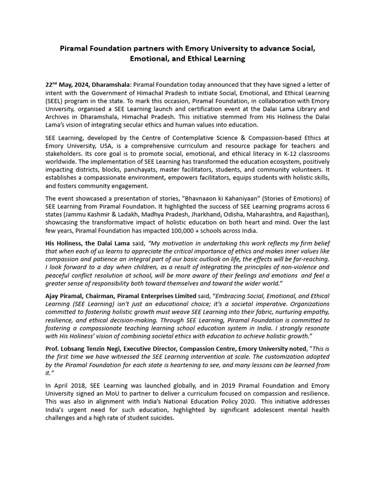 Piramal Foundation Press Note On SEEL in HP | PDF | Compassion | Cognition