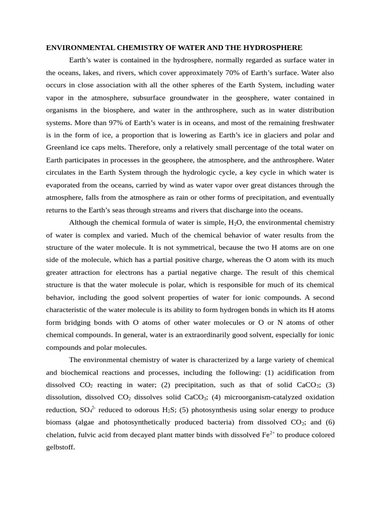 Environmental Chemistry of Water | PDF | Water | Earth Sciences