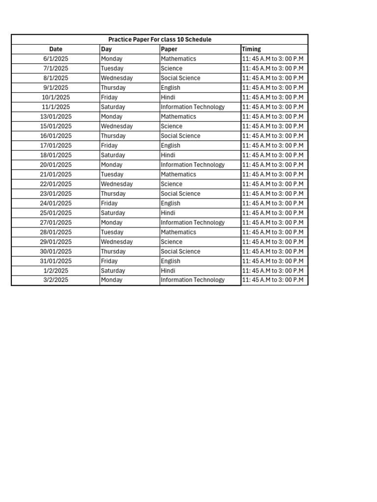 Class 10 Practice Exam Schedule | PDF