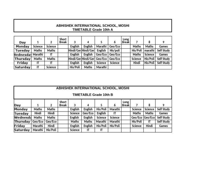 Grade 10 Timetable - Abhishek School | PDF