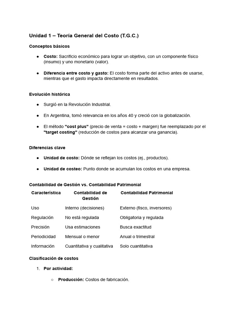 Resumen Unidad 1 Costos | PDF | Costo | Economias