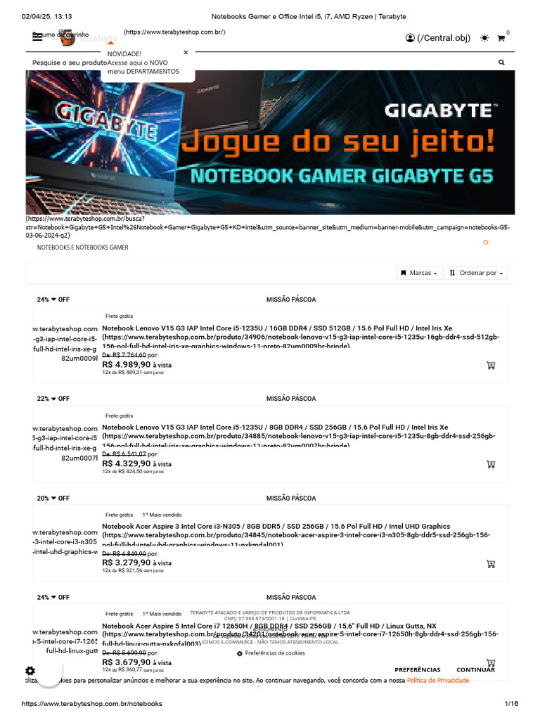 Notebooks Gamer e Office Intel i5, i7, AMD Ryzen _ Terabyte | PDF | Notebook | Informática