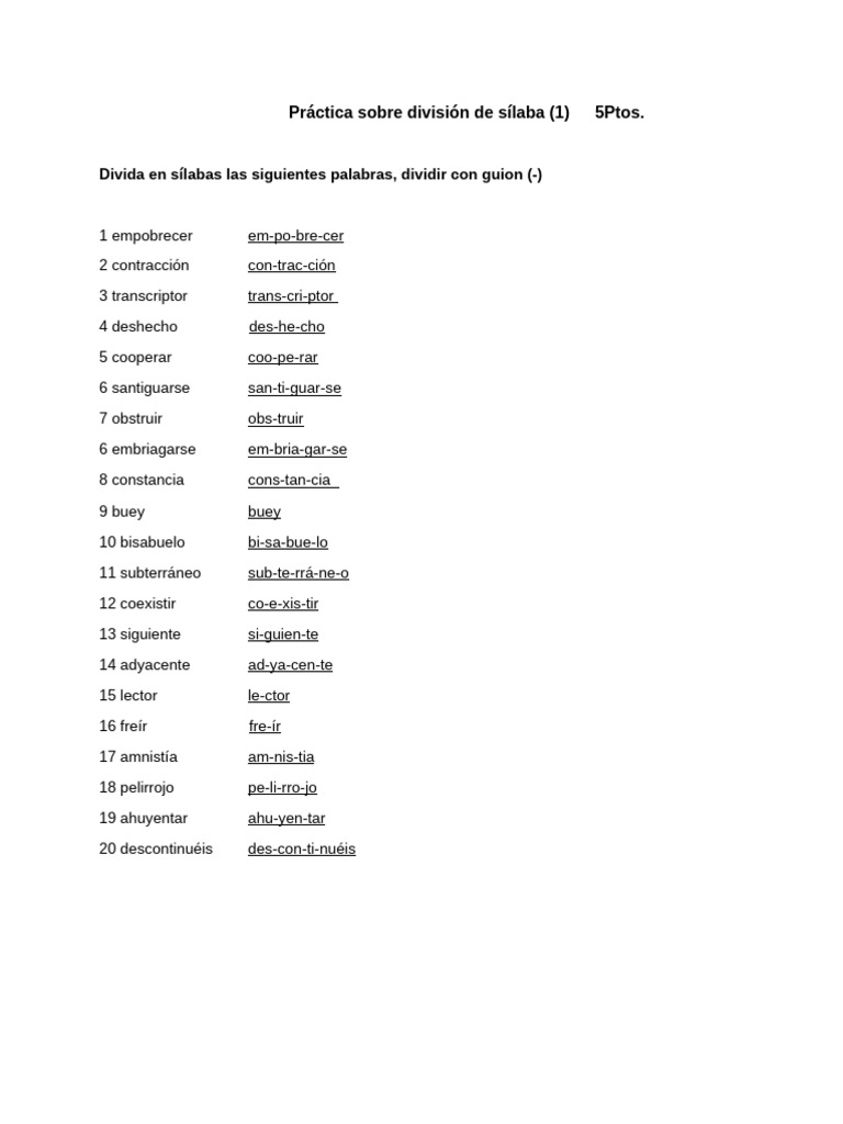 Práctica 1 Sobre División de Sílaba Jessica B. | PDF