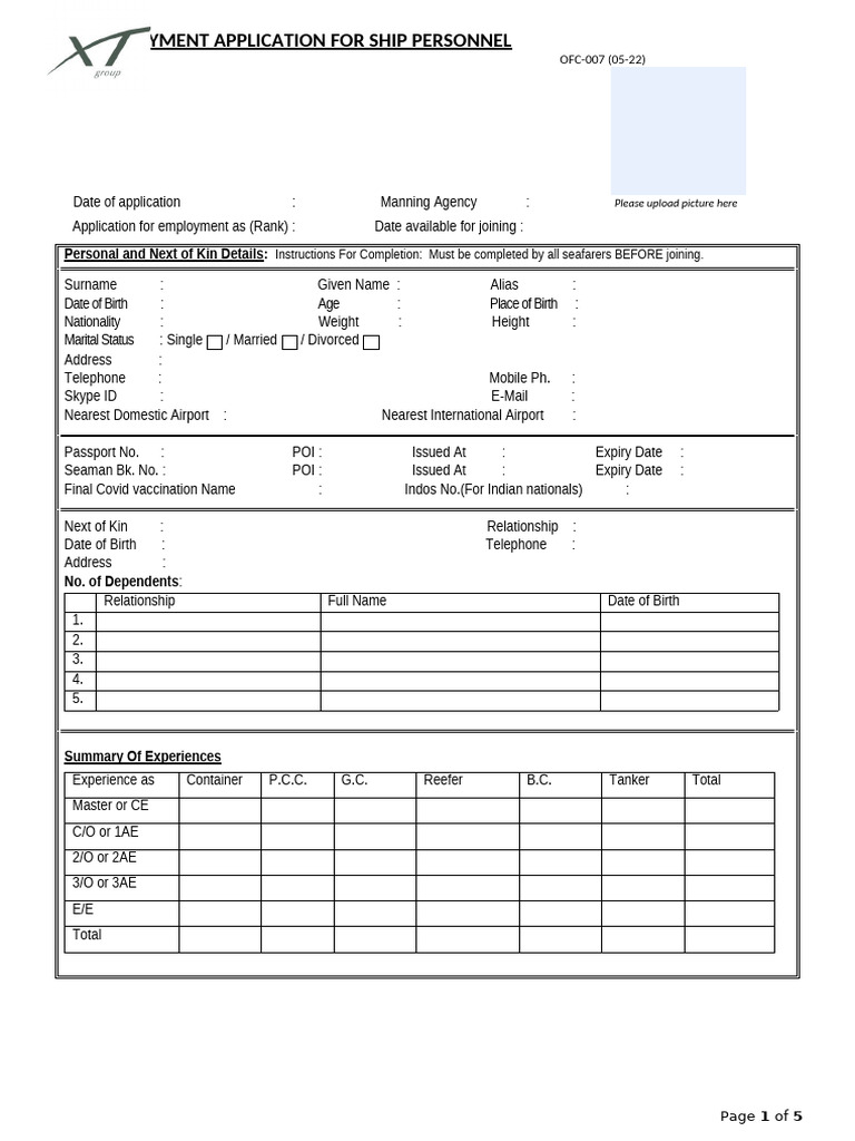 Employment Application For Ship Personnel: Personal and Next of Kin ...