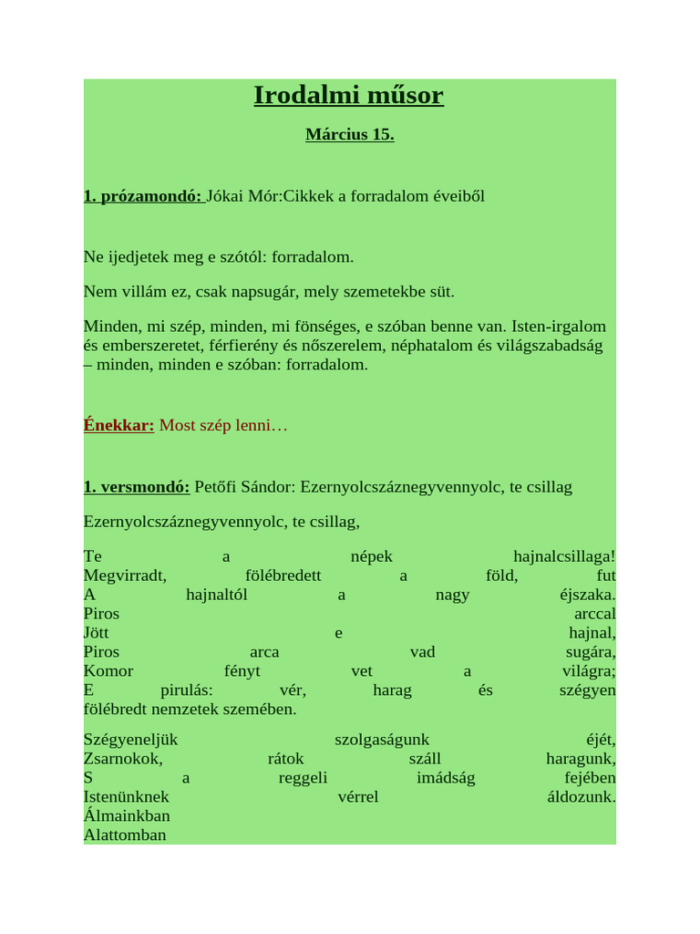 Irodalmi Műsor Marcius 15 | PDF