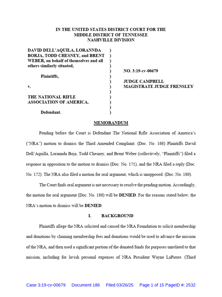 Dell'Aquila v. LaPierre (NRA) Lawsuit Ordered to Continue | PDF | Mail ...