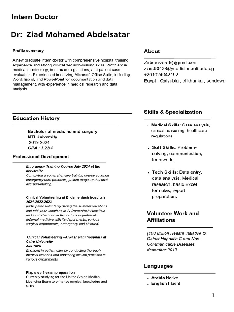 Intern Doctor Profile and Skills Summary | PDF | Pharmacy | Medicine