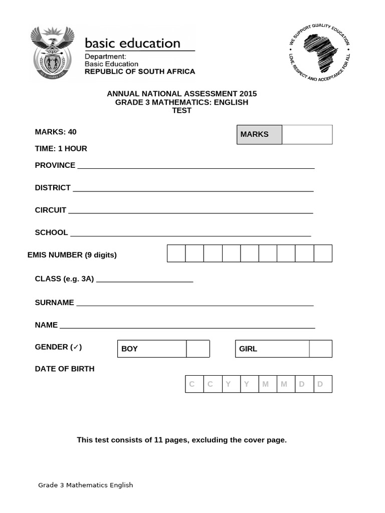 Grade 3 Mathematics Test 2015 | PDF | English Language