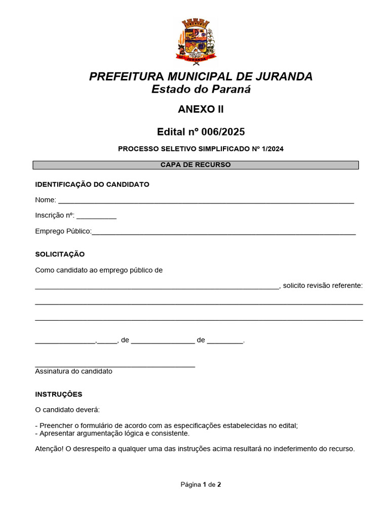 Edital #006-2025 - Anexo II - Modelo Recurso | PDF