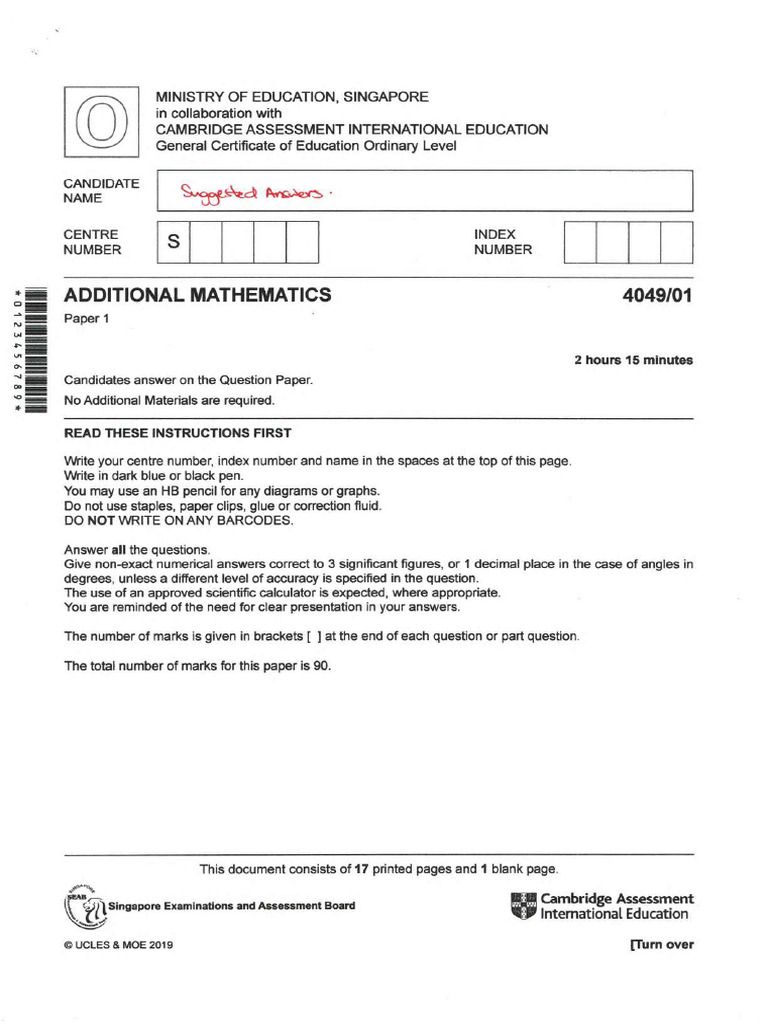 4049 Amath Specimen Paper 1 Answers | PDF | Mathematics | Algebra