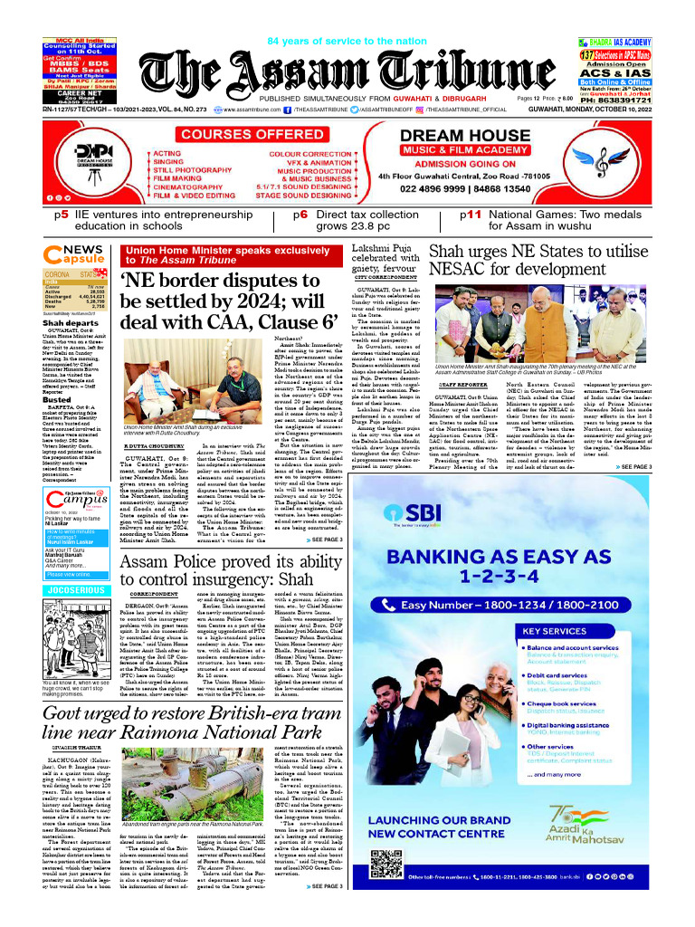 Assam Tribune: October 10, 2022 Highlights | PDF