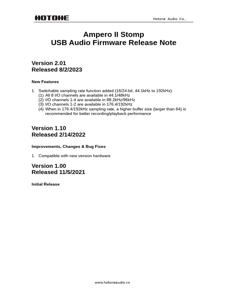 Ampero II Stomp USB Audio Firmware Release Note | PDF