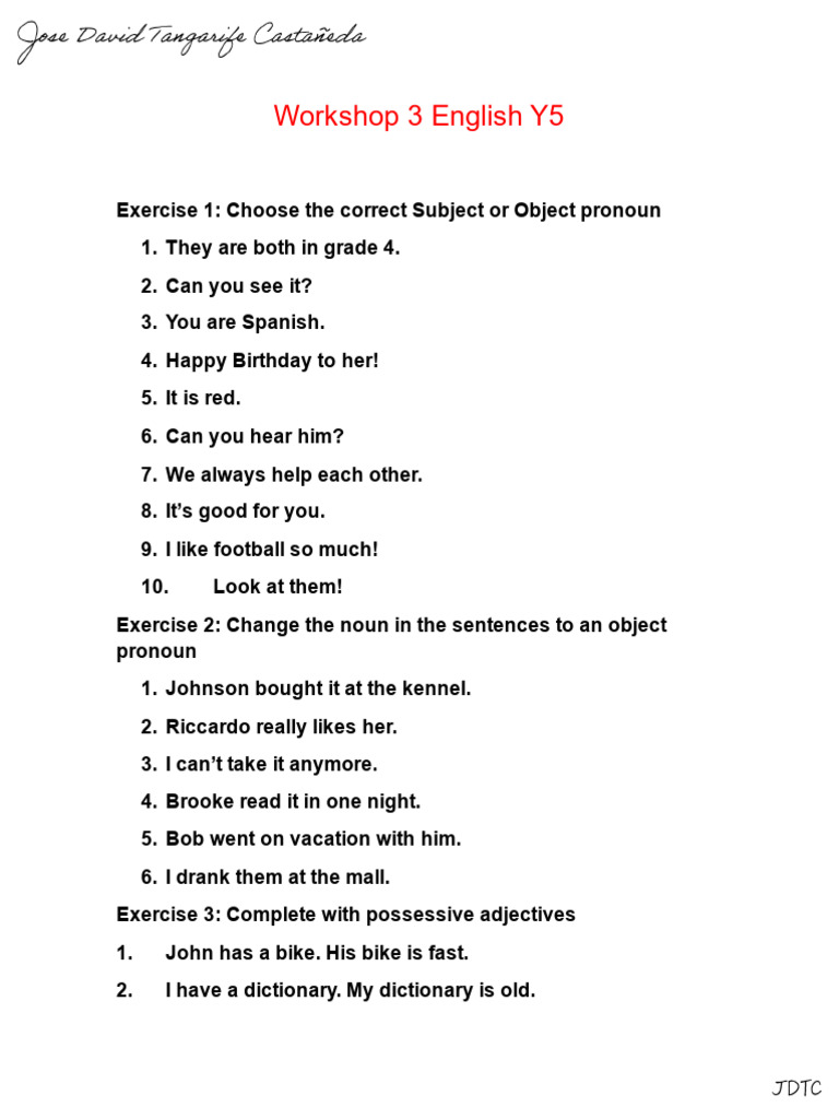 Workshop 3 English Y5 JT 9° | PDF