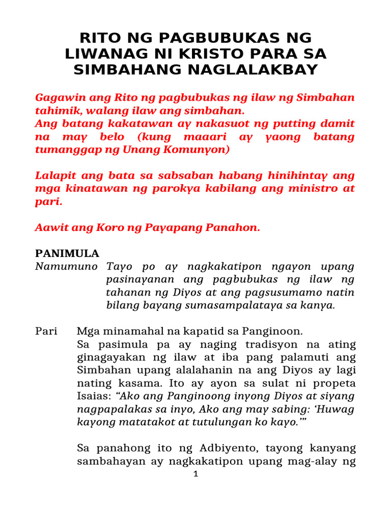 Rito NG Pagbubukas NG Ilaw NG Simbahan | PDF