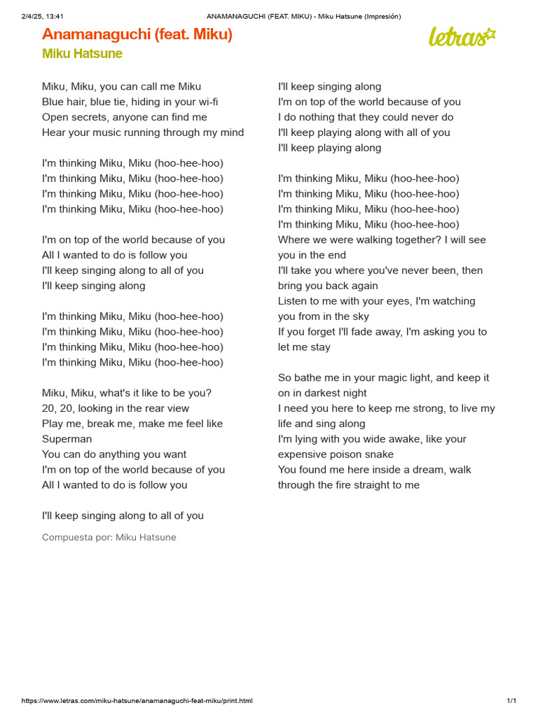 ANAMANAGUCHI (FEAT. MIKU) - Miku Hatsune (Impresión) | PDF