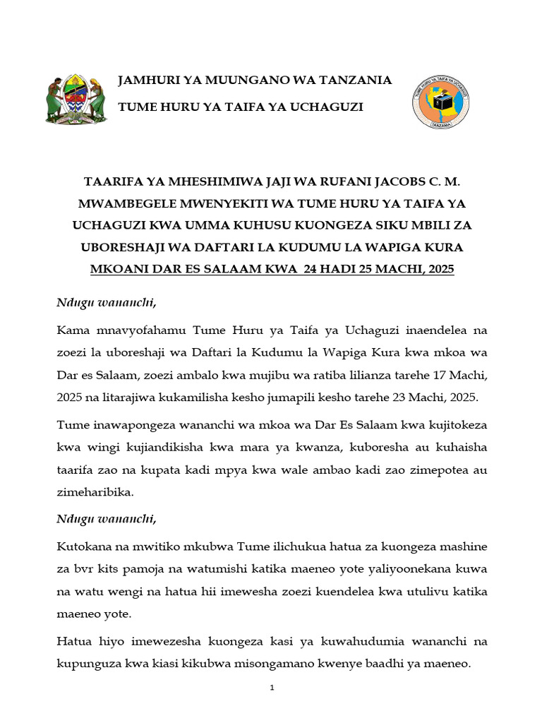 Taarifa Kwa Umma Kuongeza Siku Mbili Dar Es Salaam | PDF
