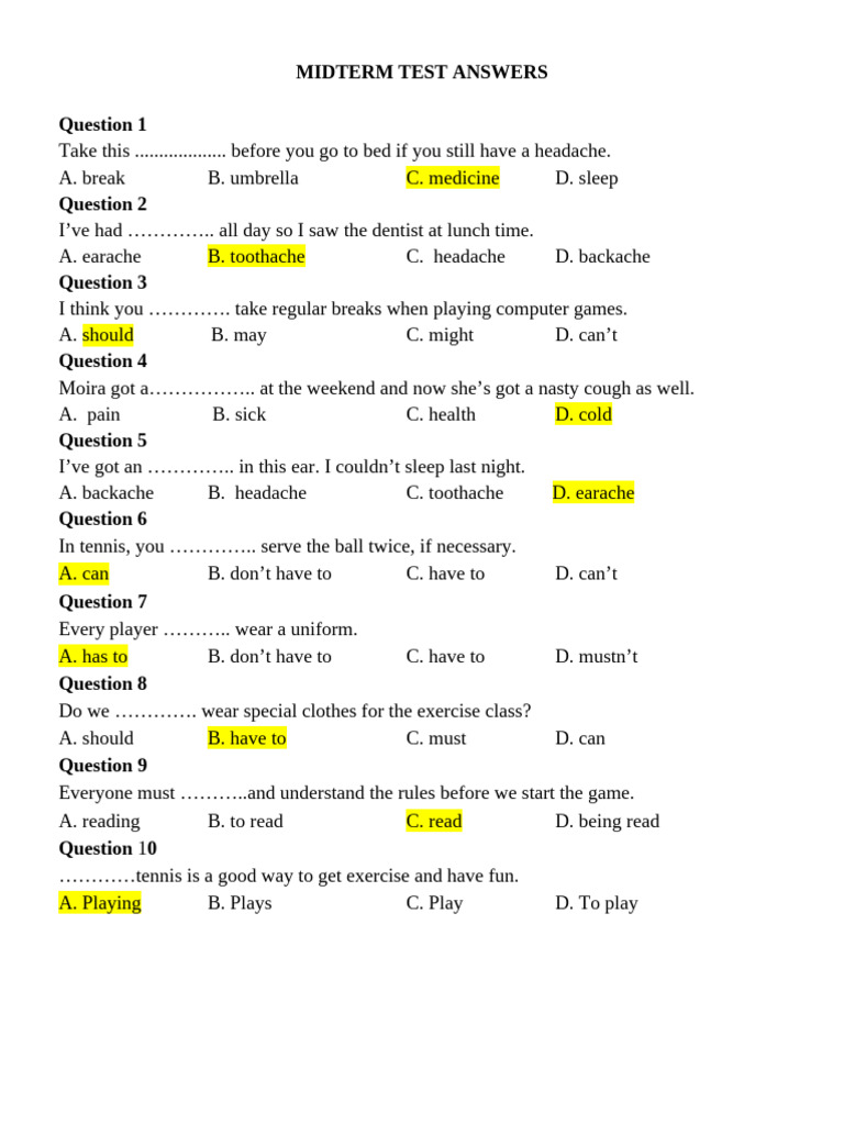 Midterm Test Answer Key | PDF