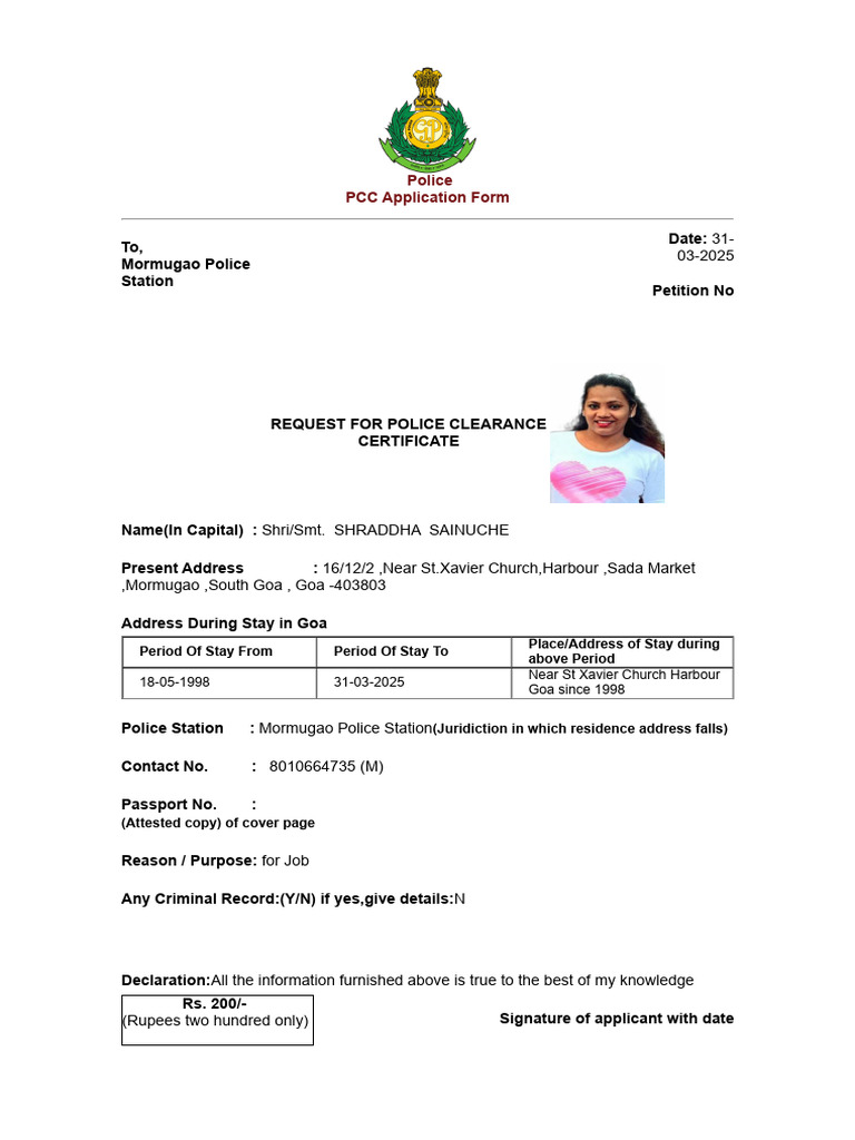 PCC Application Form Shraddha | PDF