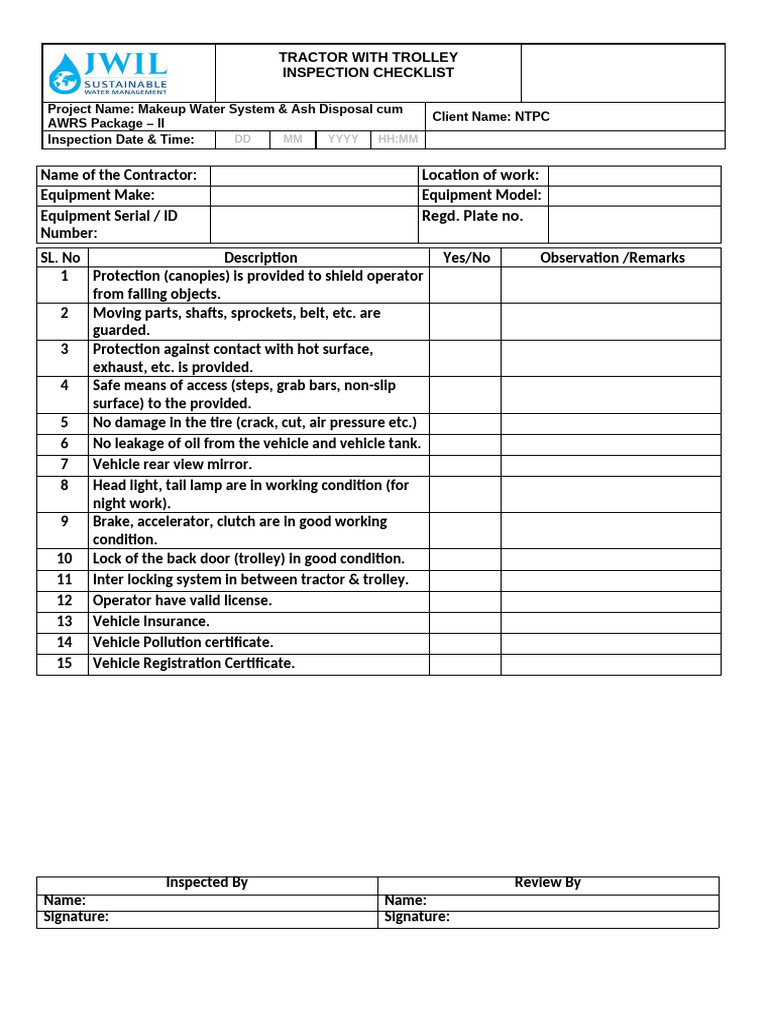 Tractor With Trolley Inspection Checklist | PDF