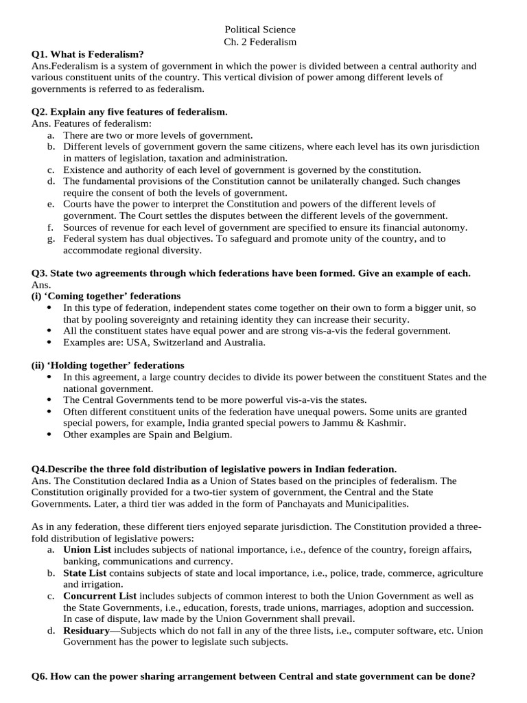 Federalism Question Answers | PDF | Political Science | Governance