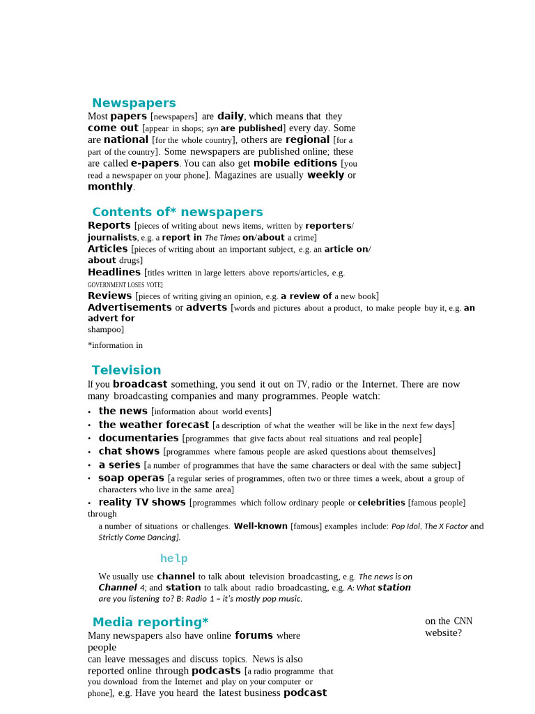 TALLER 1 - Vocabulary about newspapers and TV | PDF | Newspapers | News