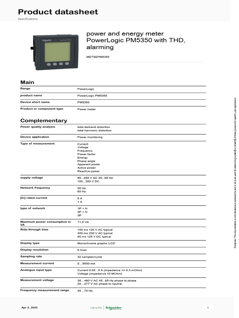 PowerLogic PM5350 Power Meter Specs | PDF | Alternating Current | Ac Power