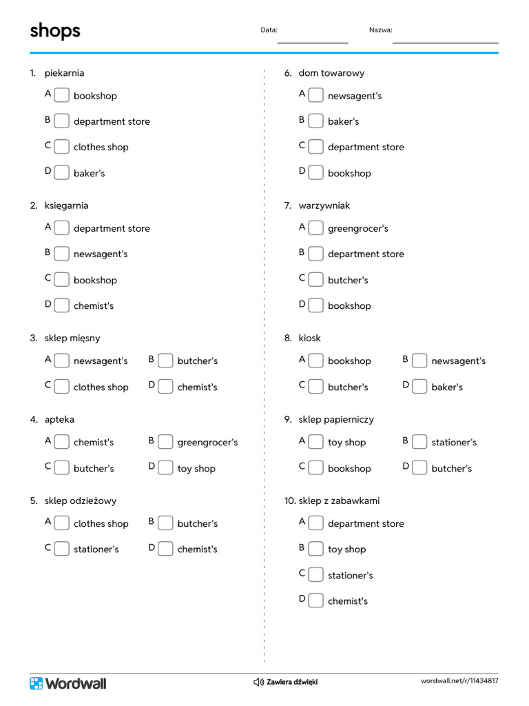 Types of Shops Quiz and Test | PDF
