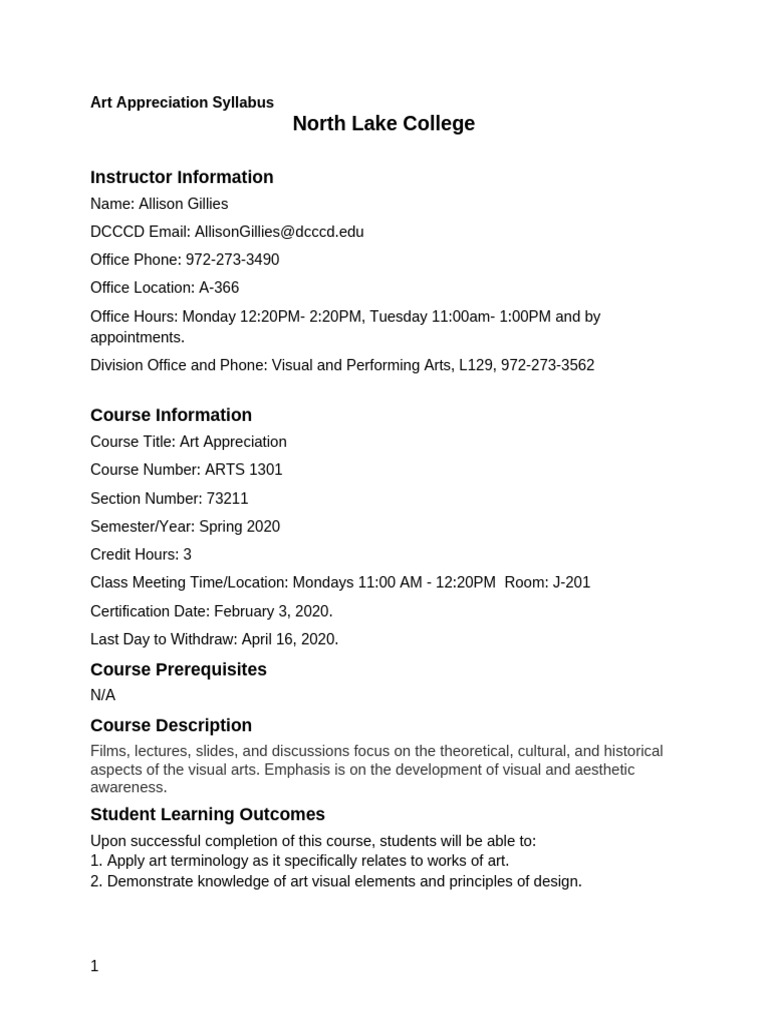 Art Appreciation Course Syllabus 2020 | PDF | Textbook | Learning