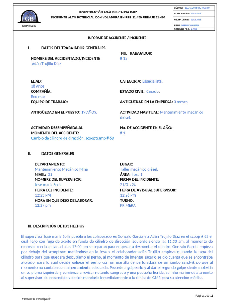 Análisis de Incidente en Mantenimiento Mina | PDF | Herramientas