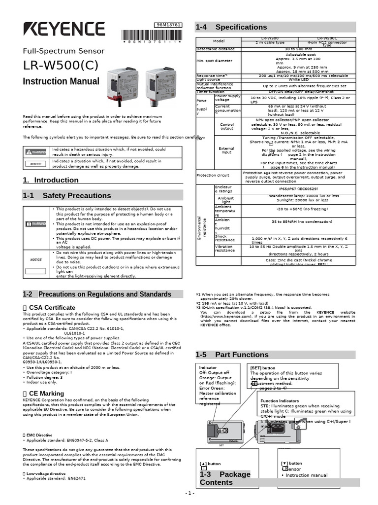 LR-W500 Sensor Instruction Manual | PDF | Flash (Photography) | Power ...