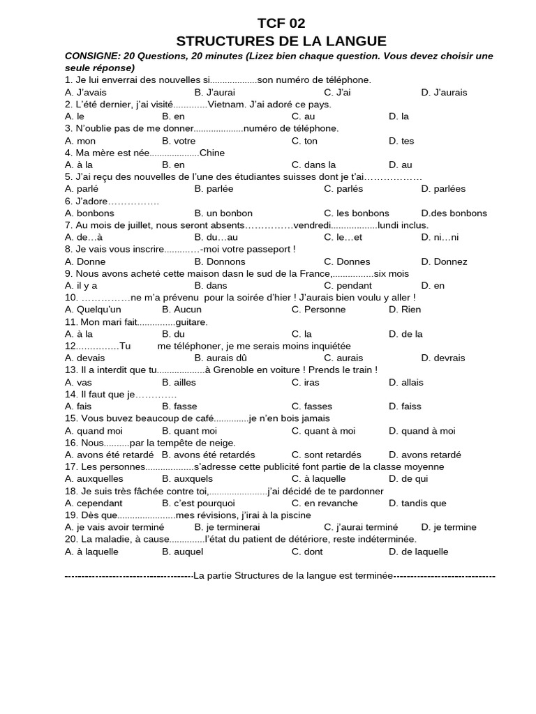 Questions de structures de la langue TCF | PDF
