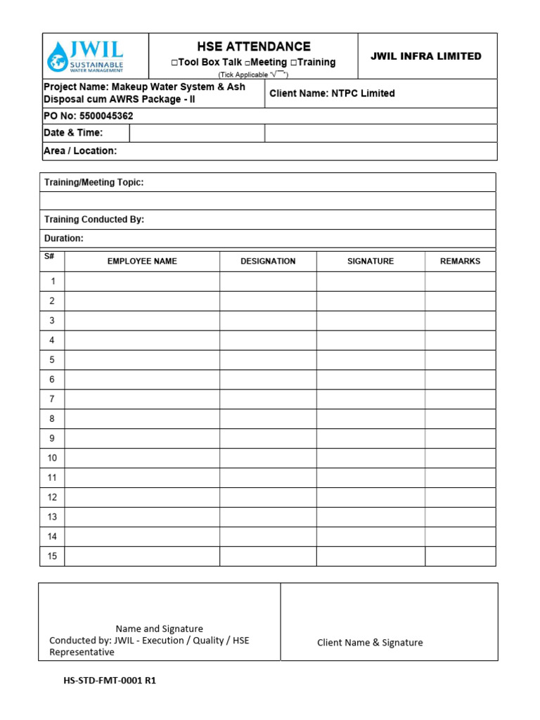 1. HSE Attendance - Toolbox, Meeting, Training | PDF