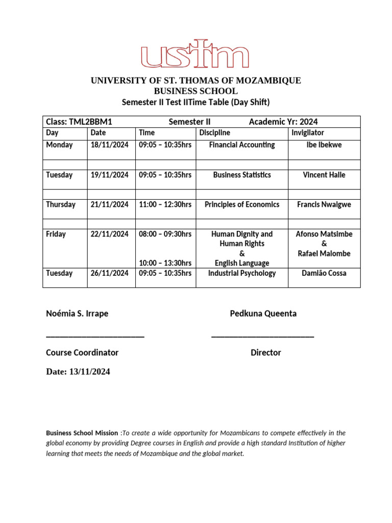 USTM Business School Semester II Timetable | PDF | Mozambique | Economies