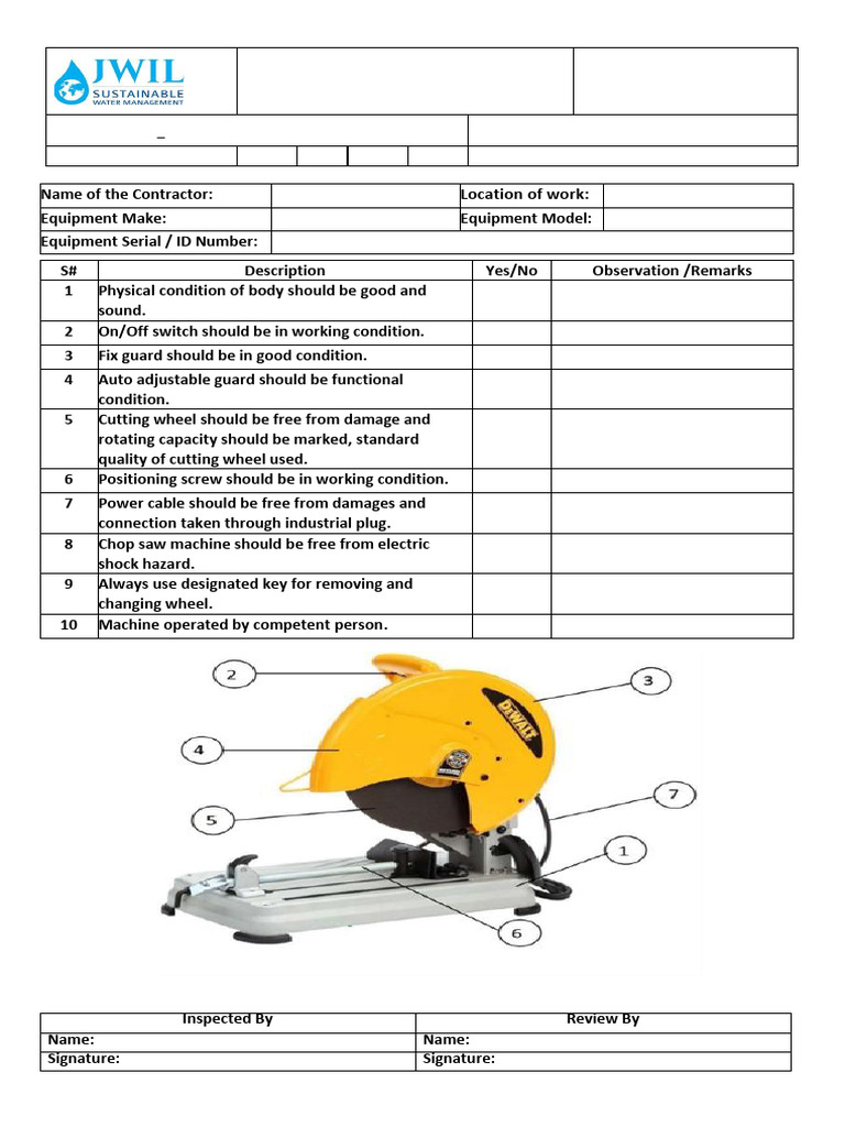 Chop Saw Machine Safety Inspection Checklist | PDF