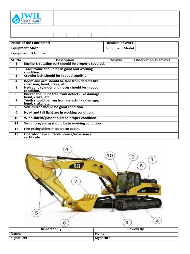 Excavator Inspection Checklist Template | PDF