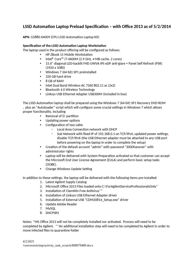 G5880-64009 (CPU LSSD Automation Laptop Kit) Specs | PDF | Laptop ...