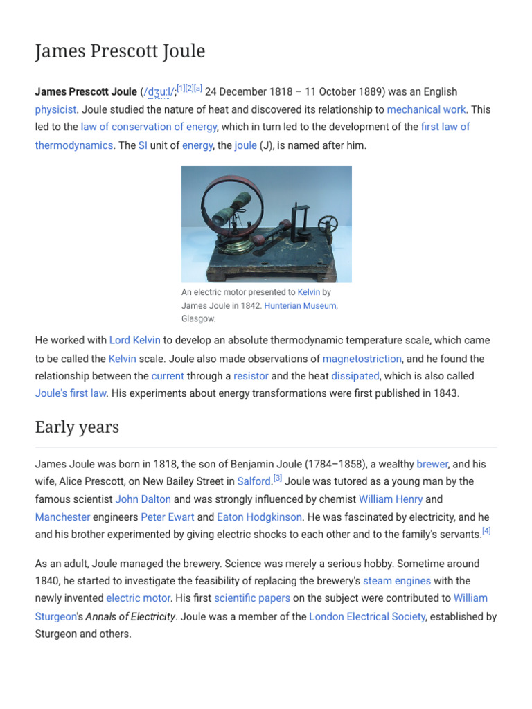 James Prescott Joule - Wikipedia | PDF | Continuum Mechanics | Physical ...