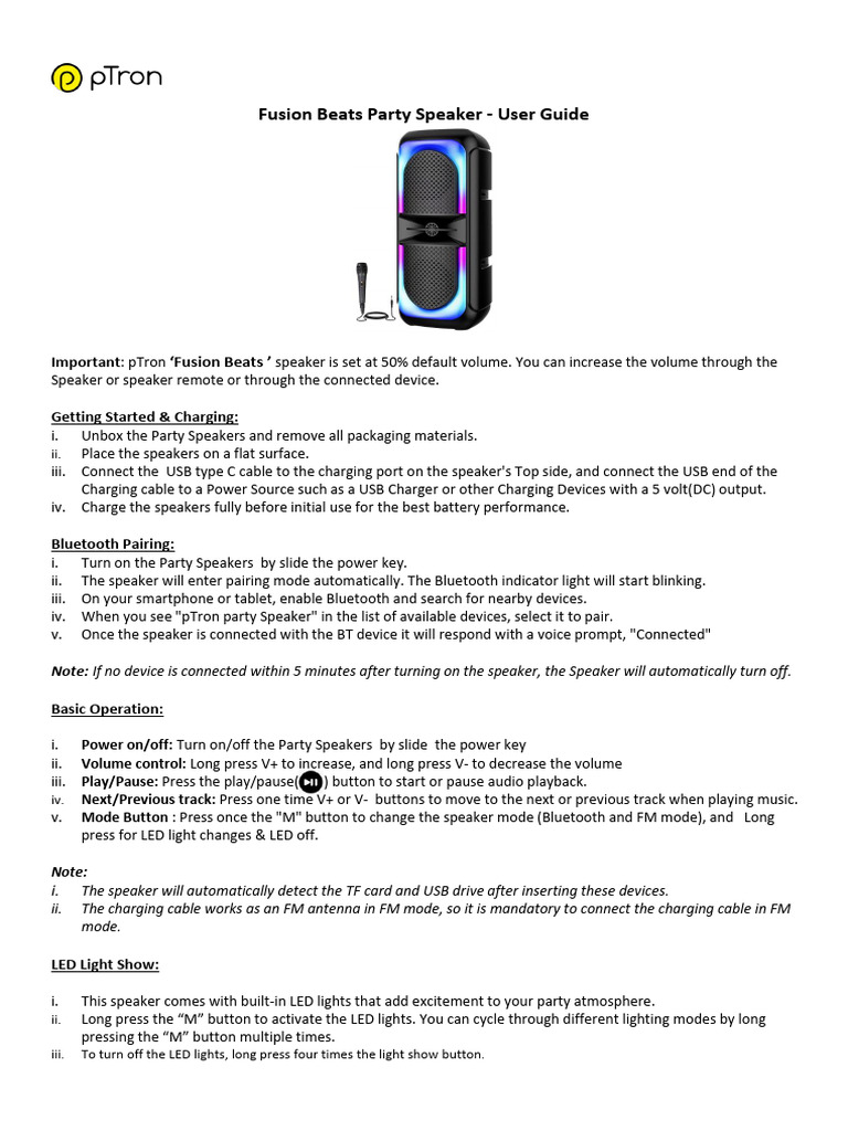 pTron Fusion Beats Speaker User Guide | PDF | Usb | Bluetooth