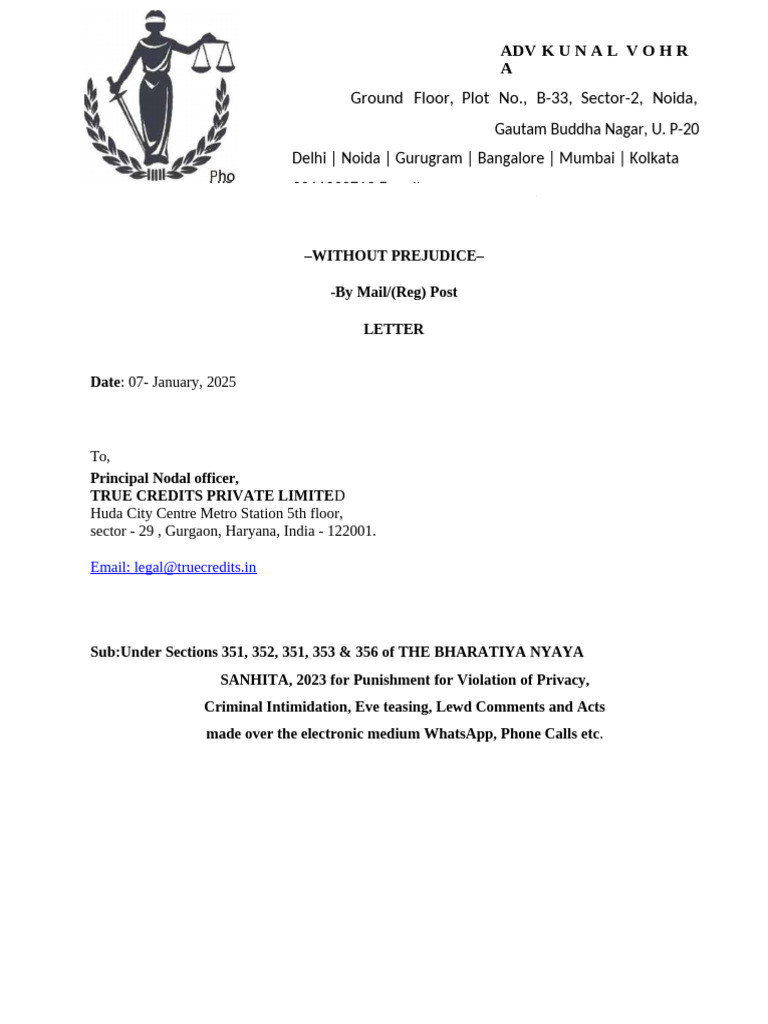 Harassment Letter Ashish KR TRUE BALANCE | PDF | Justice | Crime & Violence